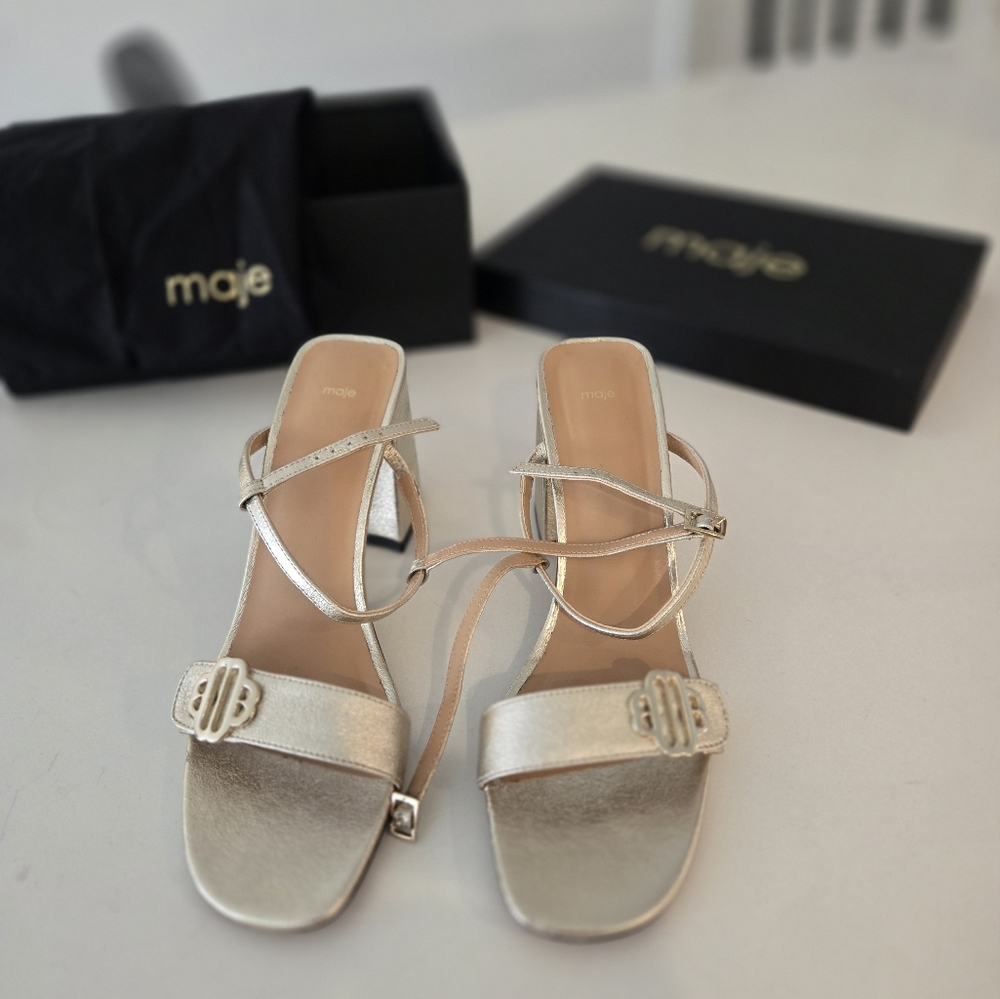 Maje Gold Metallic Genuine Leather Sandals Block Heel… - Gem
